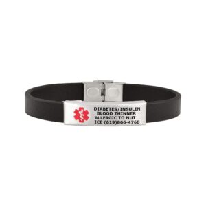 divoti deep custom laser engraved leather medical bracelet - adjustable medical alert bracelet w/red caduceus, free engraving (fits up to 8.5") & black genuine leather options