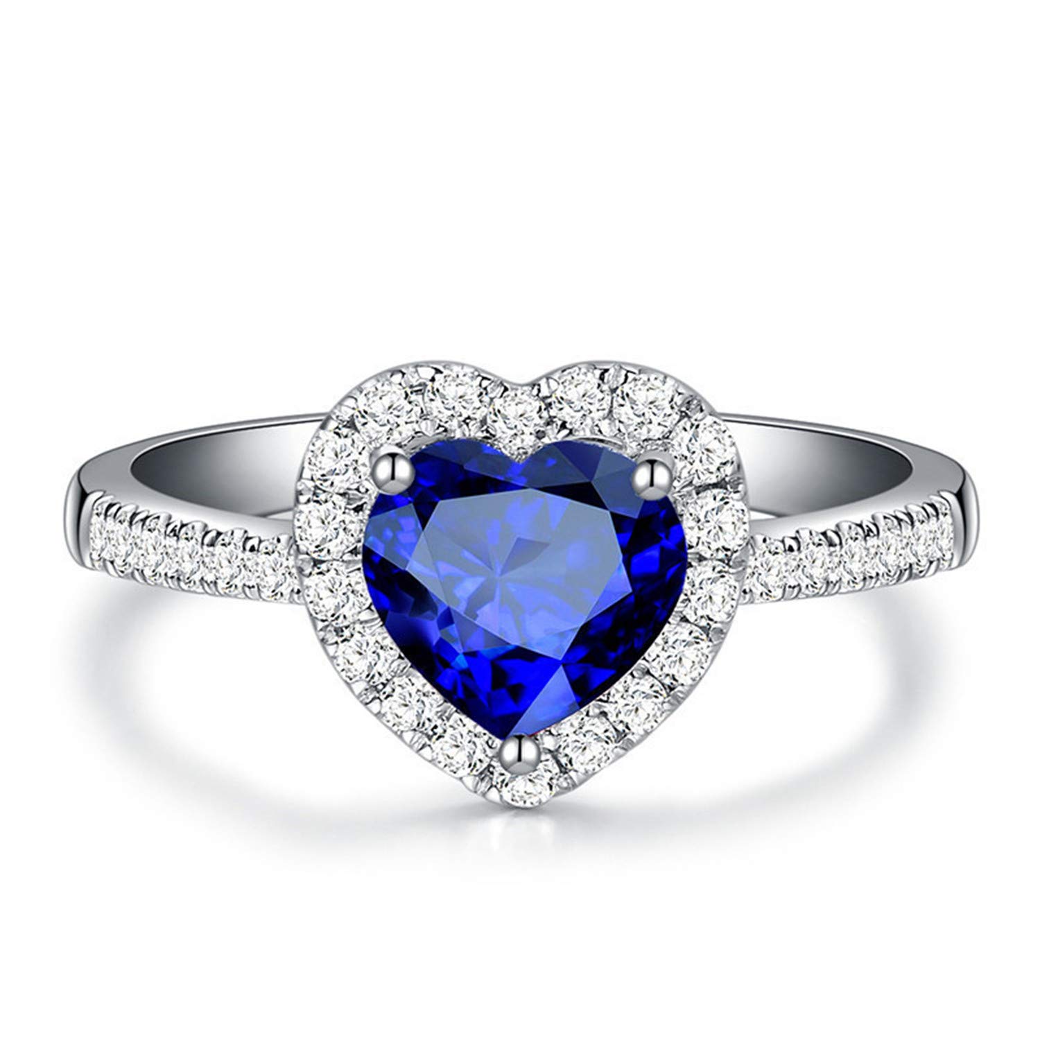 MADEONE 18K white Gold Plating Blue Sapphire Heart love Halo rings Gemstone Excellent Cut Cubic Zirconia CZ Jewelry Promise Wedding Engagement Ring for Women with Box Packing Size 5-9 (6)