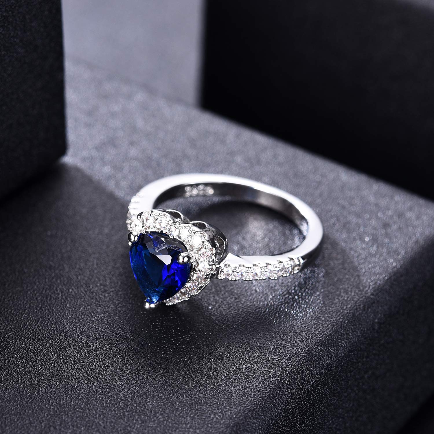 MADEONE 18K white Gold Plating Blue Sapphire Heart love Halo rings Gemstone Excellent Cut Cubic Zirconia CZ Jewelry Promise Wedding Engagement Ring for Women with Box Packing Size 5-9 (6)