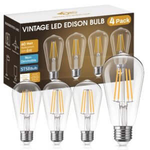 doresshop vintage led edison bulbs,non-dimmable, 6w warm light bulbs 60 watt equivalent,2700k warm white, st58 antique led filament bulbs,e26 medium base,clear glass,4 pack