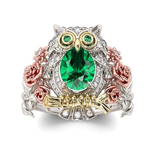 Jeulia 1 Carat Owl Rings for Women 925 Sterling Silver 18K Gold Plated Wedding Rings Oval Cut Solitaire Engagement Rings with Emerald Stone Anniversary Promise Rings Romantic Gift (5)