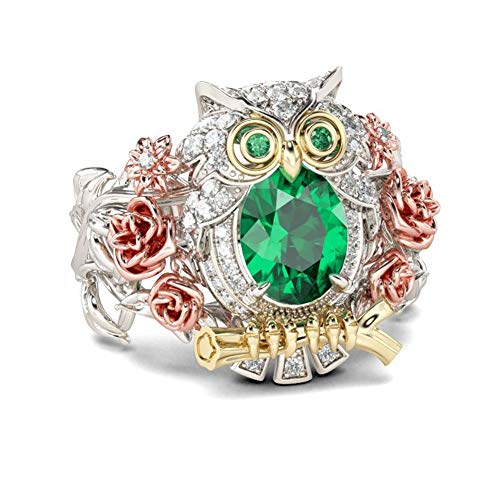 Jeulia 1 Carat Owl Rings for Women 925 Sterling Silver 18K Gold Plated Wedding Rings Oval Cut Solitaire Engagement Rings with Emerald Stone Anniversary Promise Rings Romantic Gift (5)