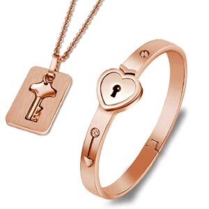 jrjewelry his and hers korean style rosegold stainless steel hold the key to my heart forever lock bangle bracelet and key pendant necklace set-br399