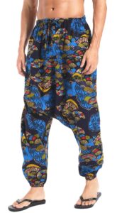 aitfineism men's causal harem pants loose drawstring aladdin boho hippie drop crotch trousers (4x-large, blue)