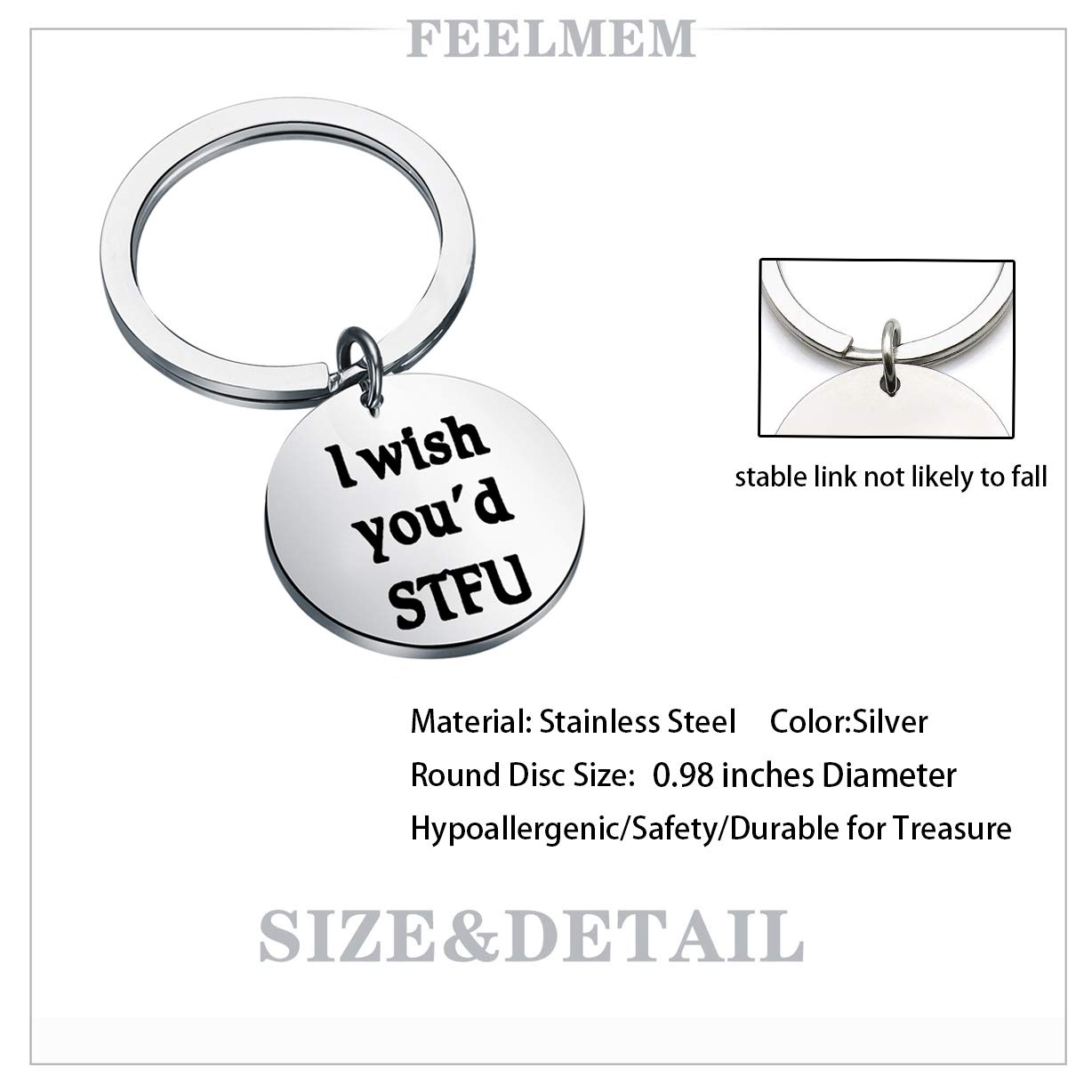 FEELMEM Friend Encouragement Gift I Wish You'd STFU Shut The Fuck Up Keychain Funny Rude Quote Sarcastic Quote Fuck Jewelry Ceramic Gift Gift for Coworker Colleague (silver)