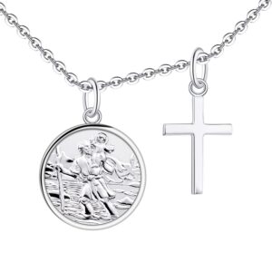 fj saint christopher necklace for women men 925 sterling silver st christopher necklace and cross necklace with 18" chain