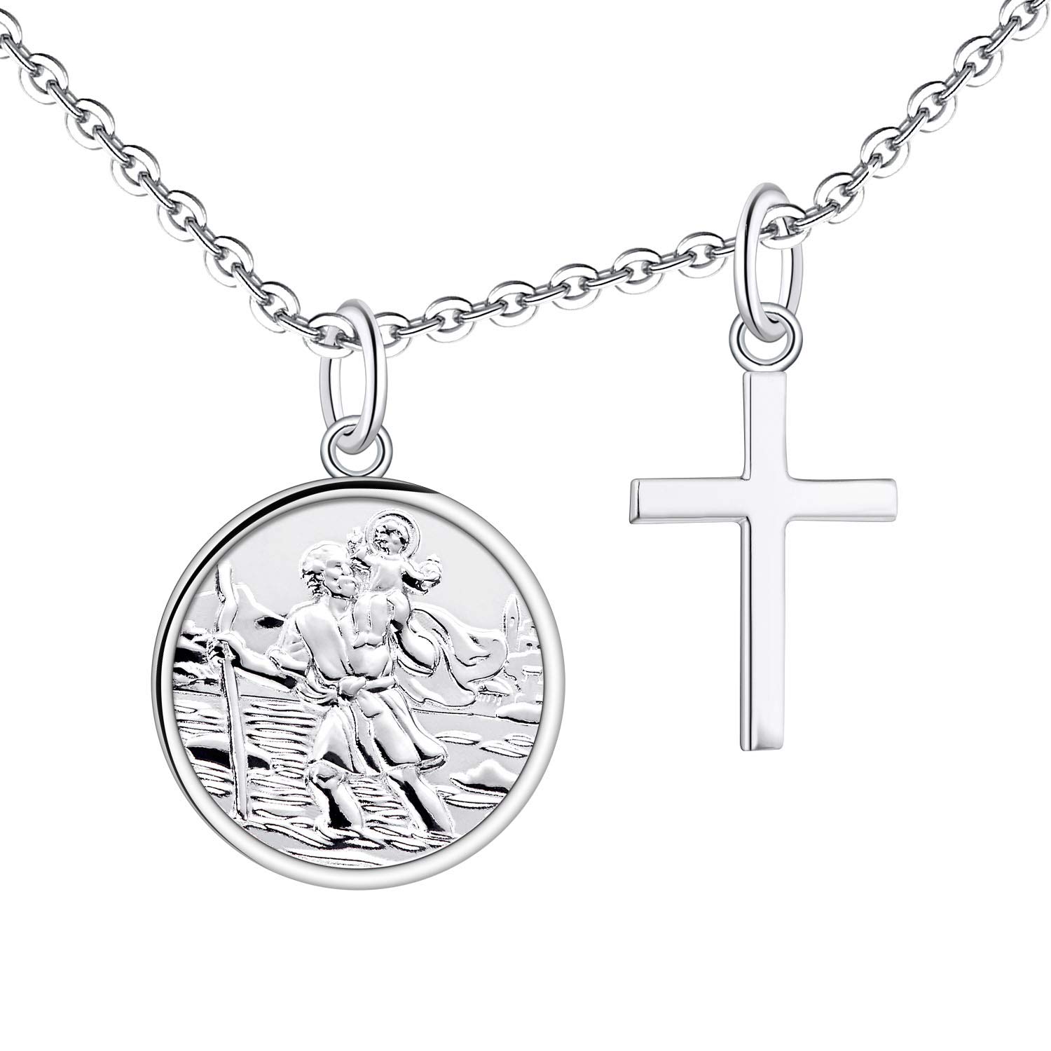 FJ Saint Christopher Necklace for Women Men 925 Sterling Silver St Christopher Necklace and Cross Necklace with 18" Chain