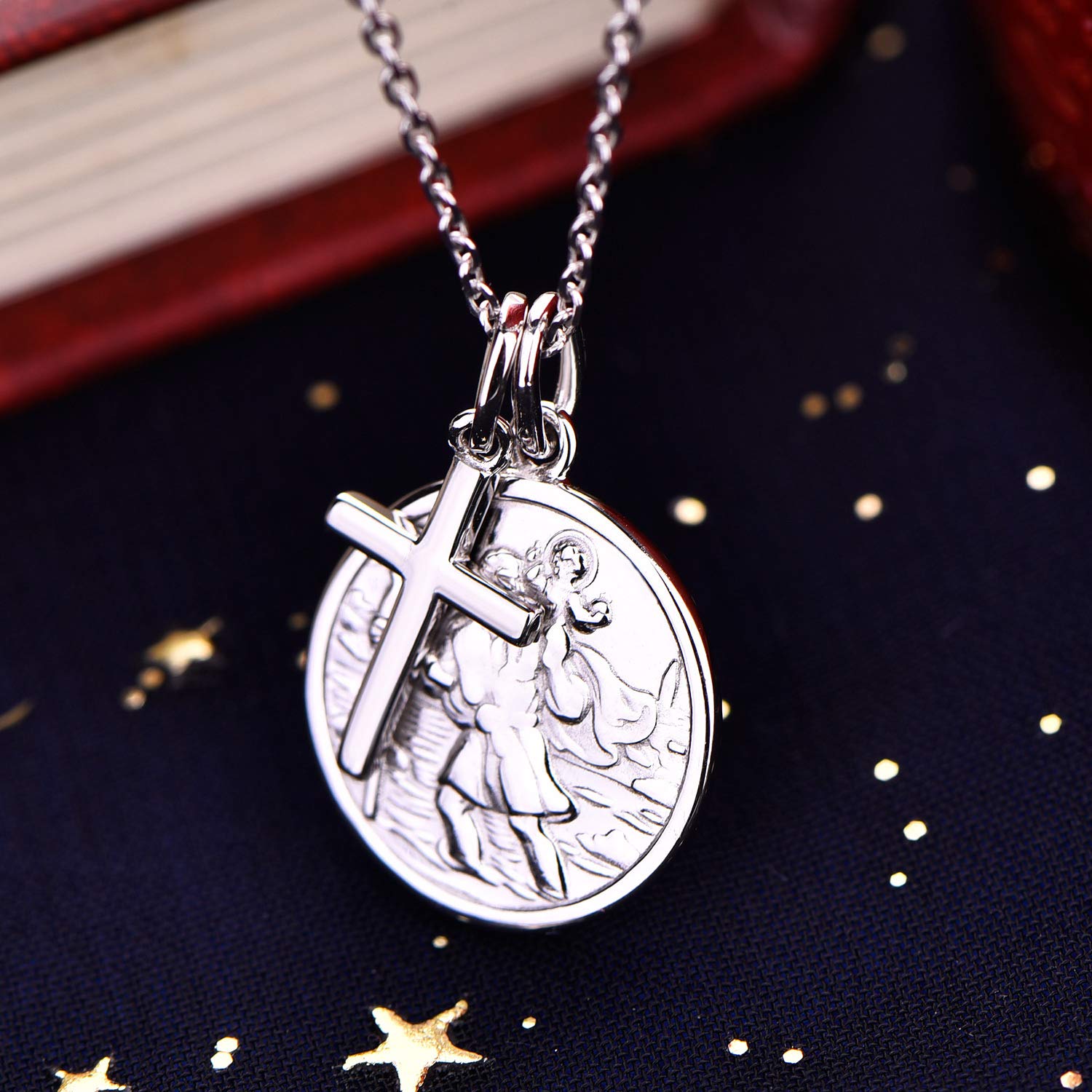 FJ Saint Christopher Necklace for Women Men 925 Sterling Silver St Christopher Necklace and Cross Necklace with 18" Chain