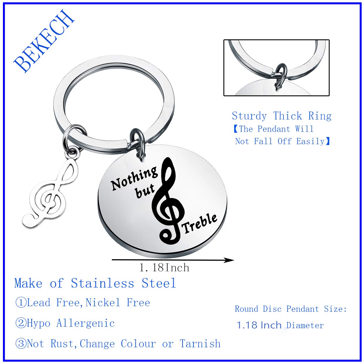 BEKECH Music Keychain Music Lover Gifts Nothing But Treble Keychain with Music Note Charm G Clef Note Musical Jewelry Gift for Musicians Music Teachers Students (silver)