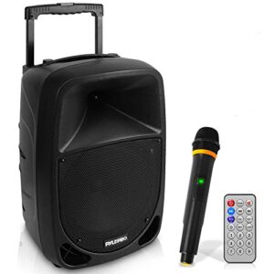 pyle psbt105a - 1000w portable bluetooth pa speaker, 10'' subwoofer, uhf wireless mic, mp3/usb/sd, rechargeable battery, led battery indicator lights, black