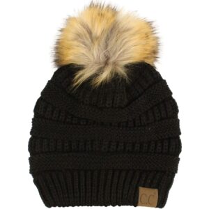 cc fur pom winter fall trendy chunky stretchy cable knit beanie hat, solid black, one size