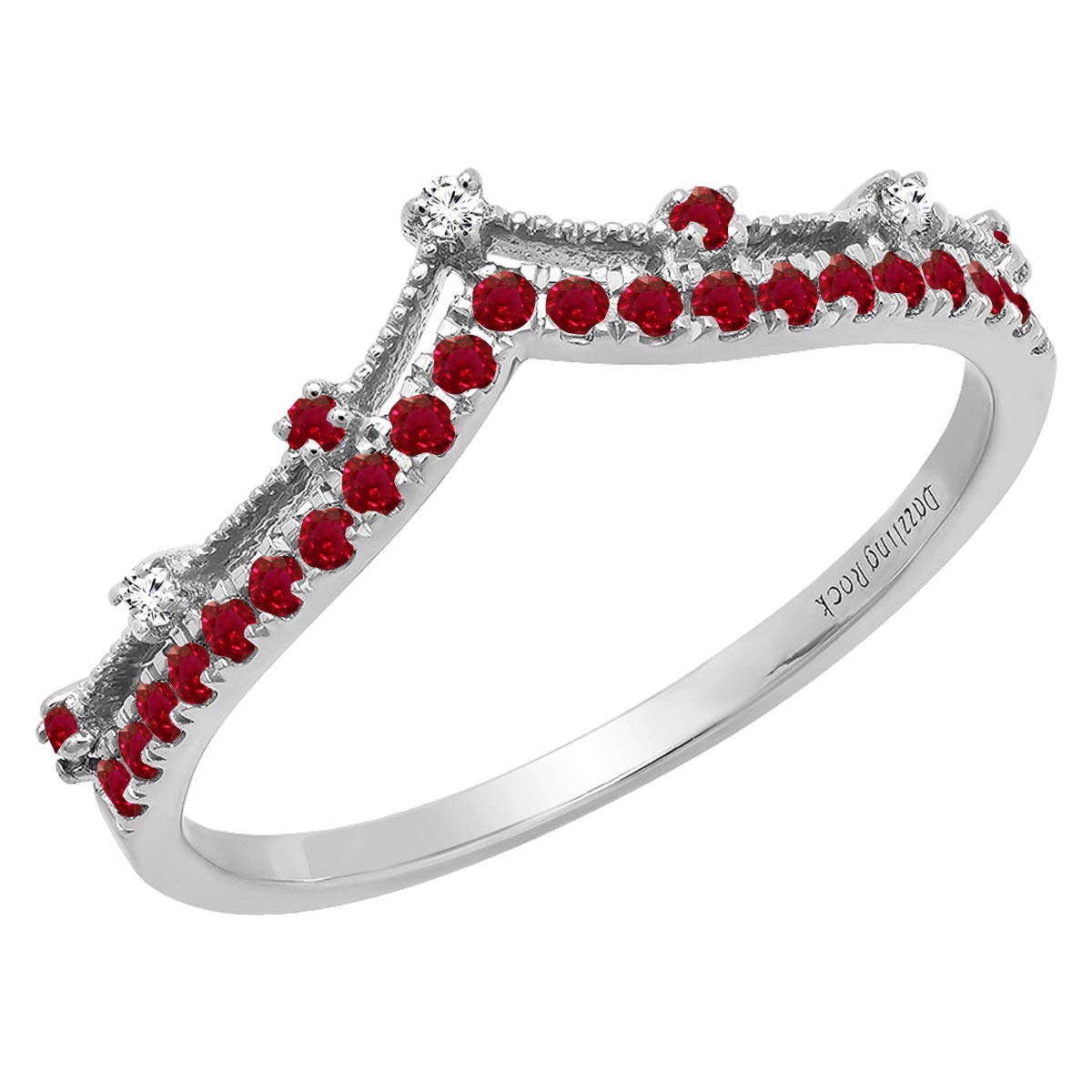 Dazzlingrock Collection Round Ruby & 0.03 ct. White Diamond Chevron Wedding Band for Her, 18K White Gold, Size 7