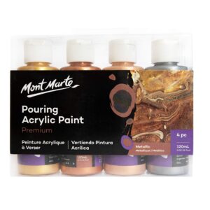 mont marte premium acrylic pouring paint set, metallic, 4 x 4oz (120ml) bottles, pre-mixed acrylic paint, suitable for a variety of surfaces including stretched canvas, wood, mdf and air drying clay.