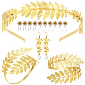 willbond 15 pieces greek goddess costume accessories women toga golden leaves bridal crown headband bracelet pearl earrings and hair pins (classic style)