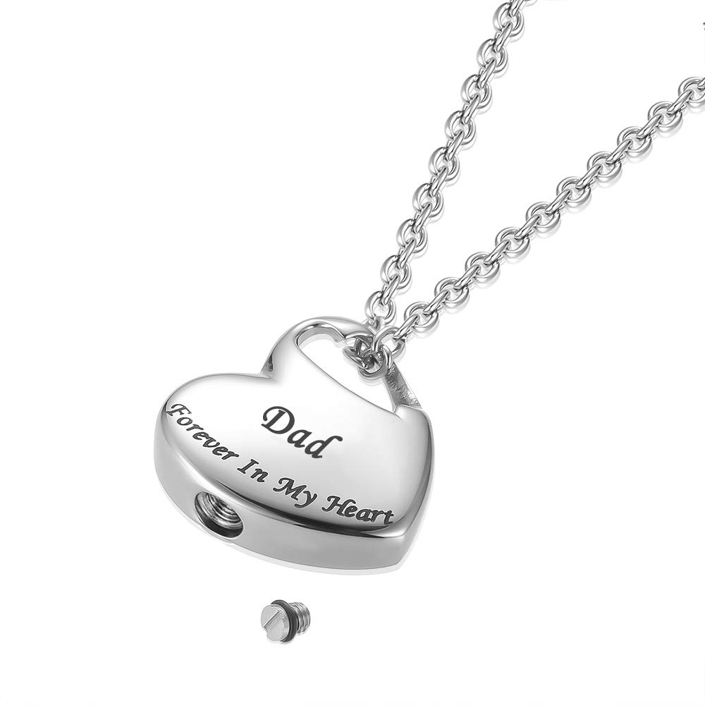 Cremation Urn Necklace for Ashes Urn Jewelry, Forever in My Heart Carved Stainless Steel Keepsake Waterproof Memorial Pendant for mom & dad with Filling Kit