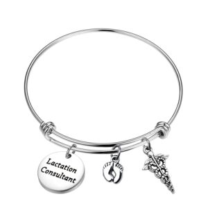 feelmem lactation consultant gift ibclc breastfeeding gift lactation consultant wire bangle with baby footprints charm jewelry gift for lactation nurse consultant breastfeeding counselor (silver)