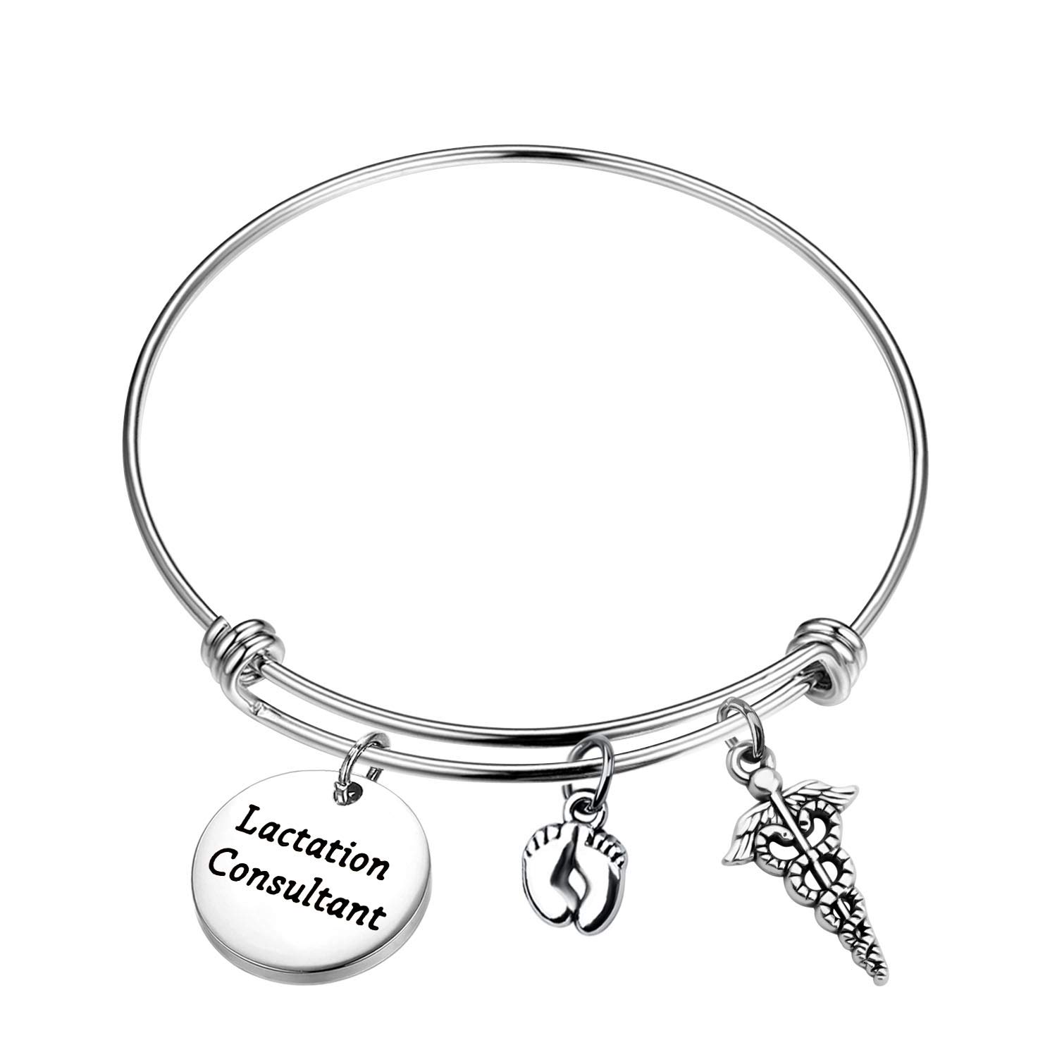 FEELMEM Lactation Consultant Gift IBCLC Breastfeeding Gift Lactation Consultant Wire Bangle with Baby Footprints Charm Jewelry Gift for Lactation Nurse Consultant Breastfeeding Counselor (silver)