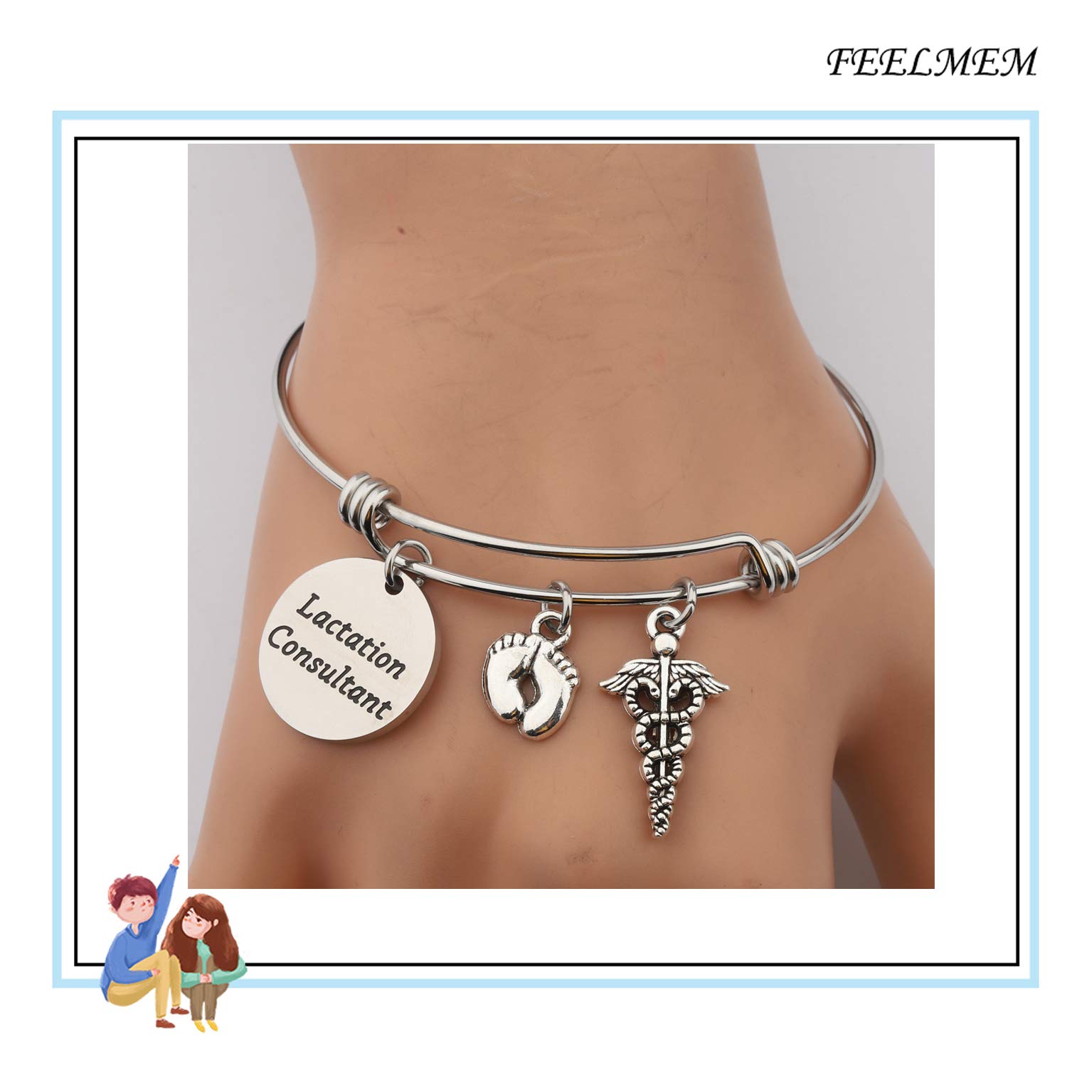 FEELMEM Lactation Consultant Gift IBCLC Breastfeeding Gift Lactation Consultant Wire Bangle with Baby Footprints Charm Jewelry Gift for Lactation Nurse Consultant Breastfeeding Counselor (silver)