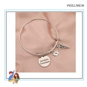 FEELMEM Lactation Consultant Gift IBCLC Breastfeeding Gift Lactation Consultant Wire Bangle with Baby Footprints Charm Jewelry Gift for Lactation Nurse Consultant Breastfeeding Counselor (silver)