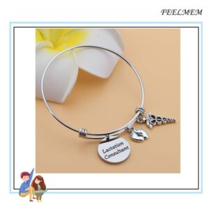 FEELMEM Lactation Consultant Gift IBCLC Breastfeeding Gift Lactation Consultant Wire Bangle with Baby Footprints Charm Jewelry Gift for Lactation Nurse Consultant Breastfeeding Counselor (silver)