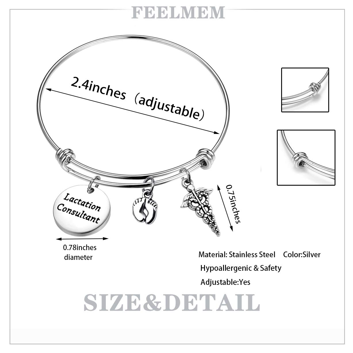 FEELMEM Lactation Consultant Gift IBCLC Breastfeeding Gift Lactation Consultant Wire Bangle with Baby Footprints Charm Jewelry Gift for Lactation Nurse Consultant Breastfeeding Counselor (silver)