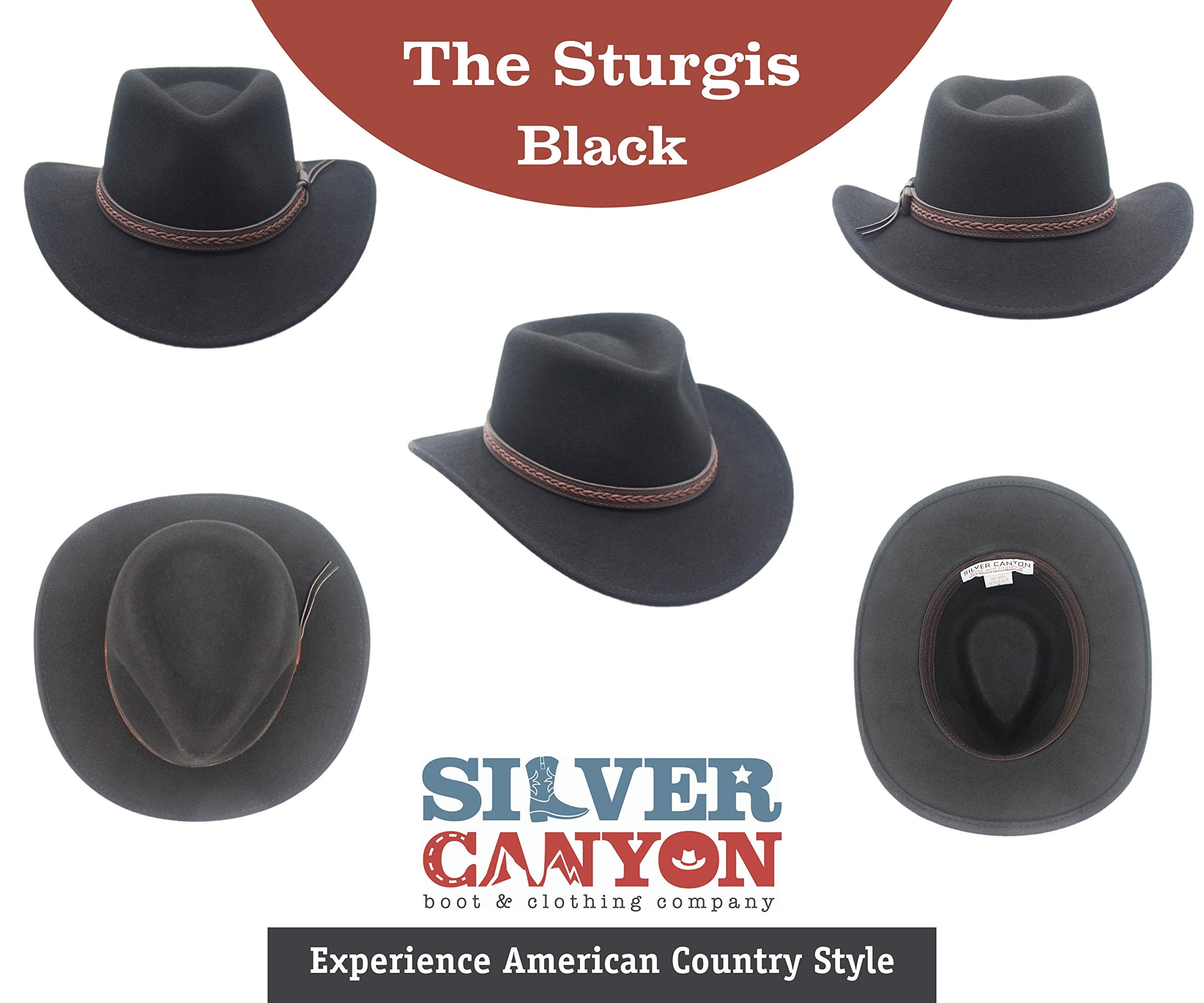 Sturgis Crushable Wool Felt Outback Western Style Cowboy Hat by Silver Canyon, Black