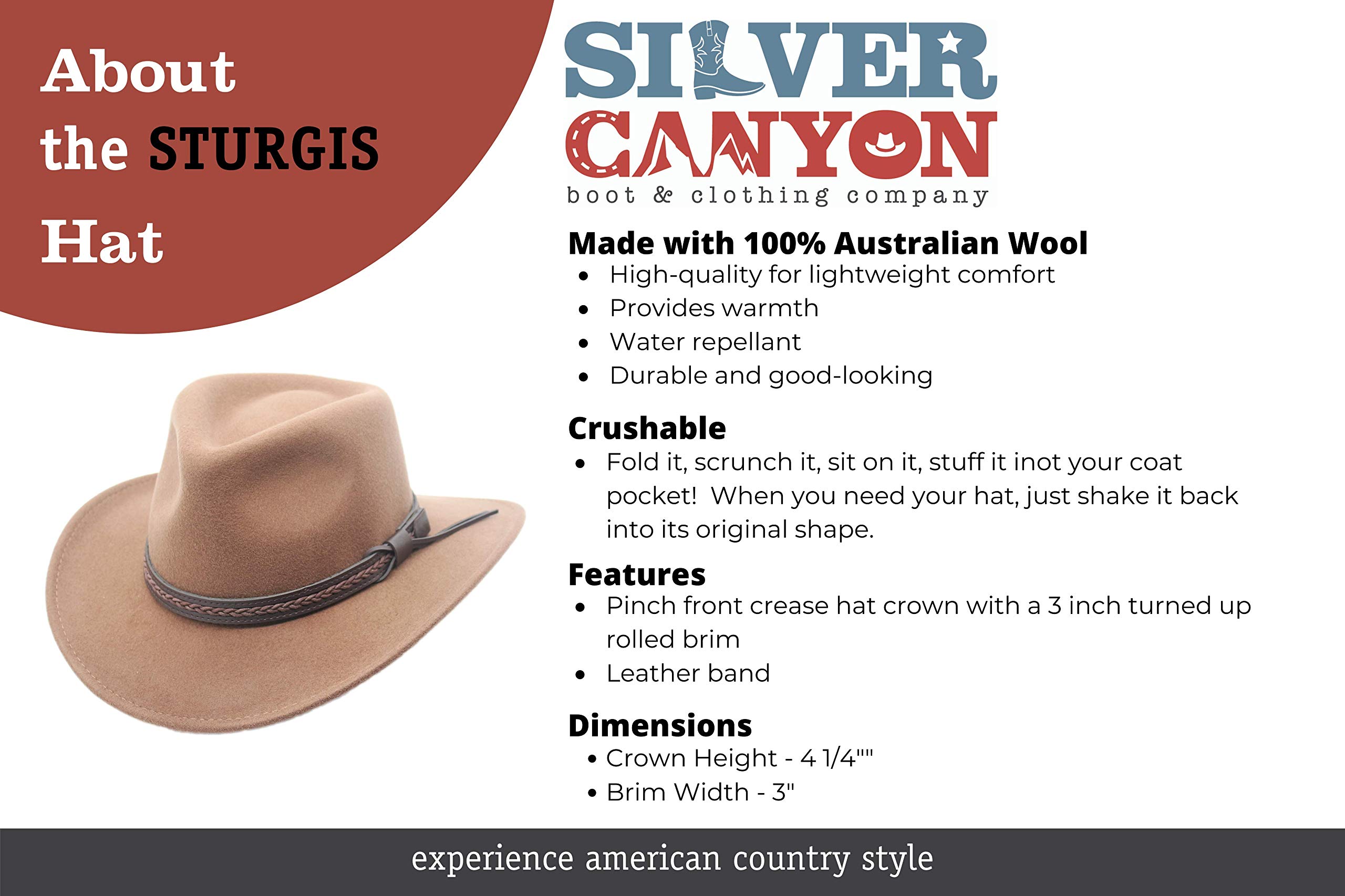 Sturgis Crushable Wool Felt Outback Western Style Cowboy Hat by Silver Canyon, Black