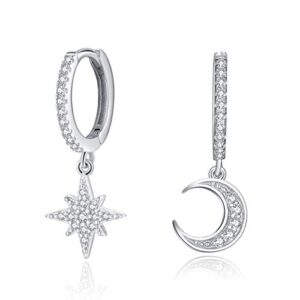 moon star hoop dangle earrings for women, small huggie hoop earring with cubic zirconia charm for teen girls in sterling silver (silver)