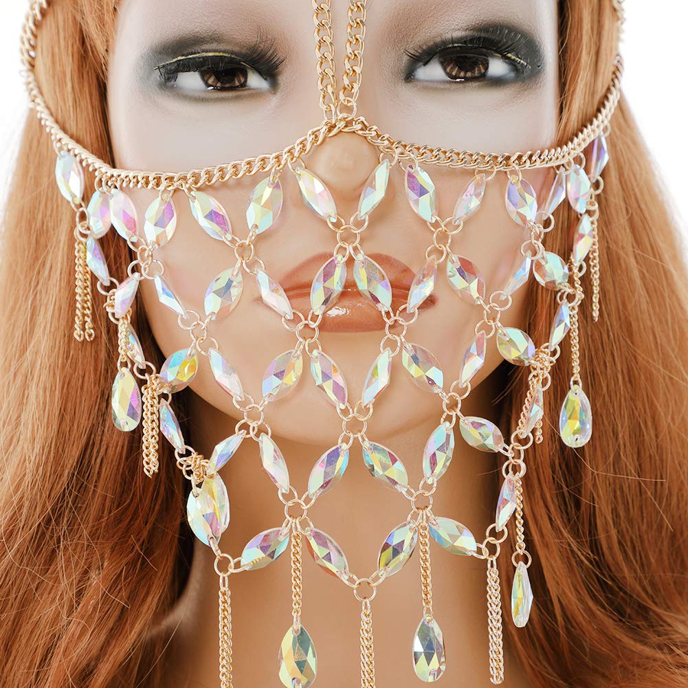 Tipmant Sexy Women Masquerade Masks Face Chain with Crystal Pendant for Ballroom Party, Stage Performance, Belly Dance, Cosplay Metal Gold