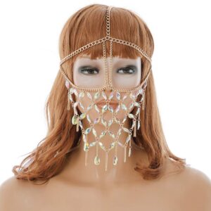 Tipmant Sexy Women Masquerade Masks Face Chain with Crystal Pendant for Ballroom Party, Stage Performance, Belly Dance, Cosplay Metal Gold