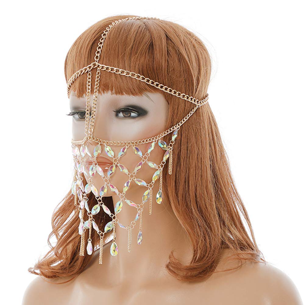 Tipmant Sexy Women Masquerade Masks Face Chain with Crystal Pendant for Ballroom Party, Stage Performance, Belly Dance, Cosplay Metal Gold