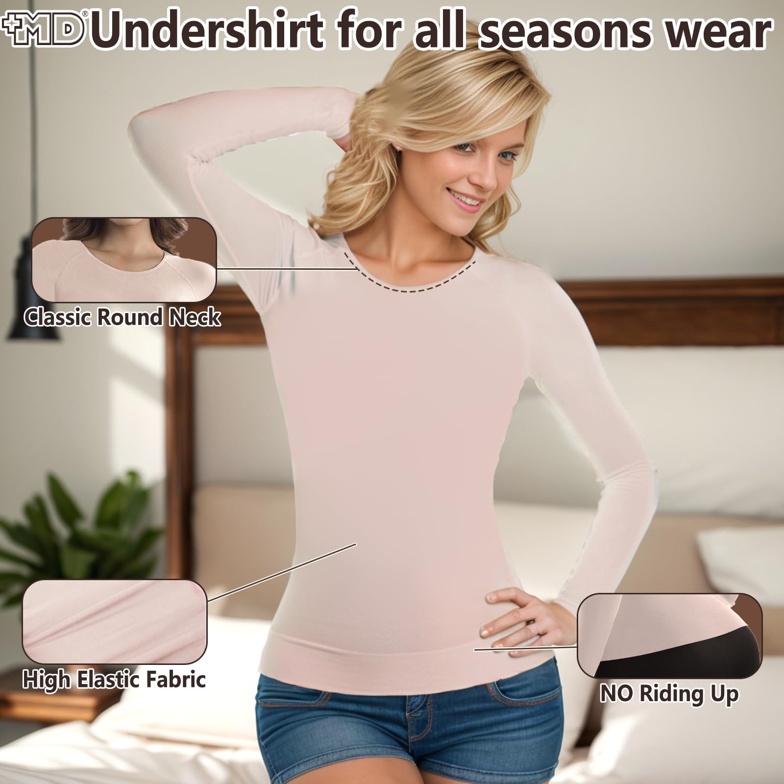 +MD Womens Long Sleeve Undershirts Tops, Round Neck Slim Fit Baselayer, Soft Thermal Underwear, Light Compression Shirt Underscrubs Nude Large