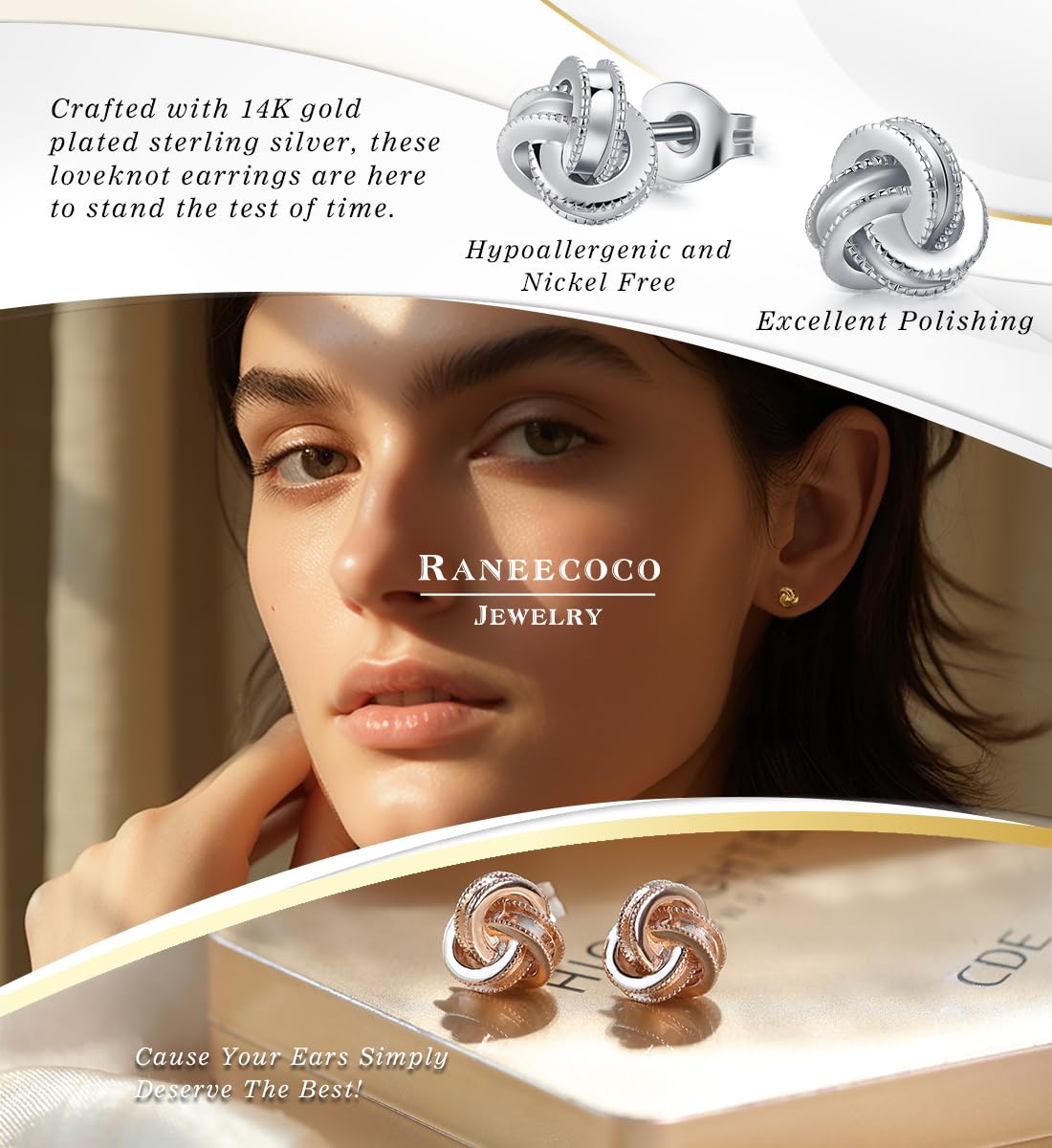 Gold Plated Sterling Silver Studs Love Knot Earrings For Women | Hypoallergenic & Nickle Free Jewelry for Sensitive Ears (10, white-gold-plated-silver)