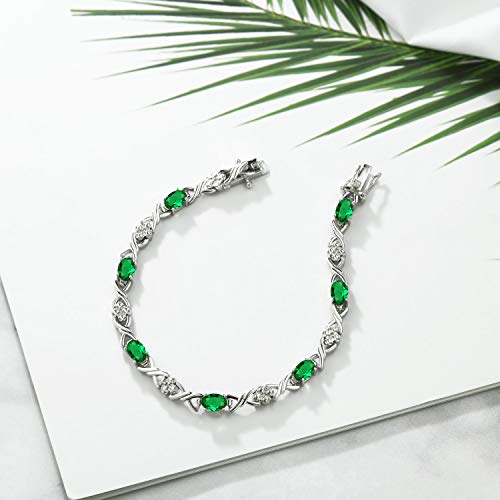 Gem Stone King 3.20 Cttw 925 Sterling Silver Green Nano Emerald Tennis Bracelet For Women | Gemstone May Birthstone | Oval 6X4MM | 7 Inch