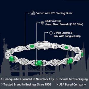 Gem Stone King 3.20 Cttw 925 Sterling Silver Green Nano Emerald Tennis Bracelet For Women | Gemstone May Birthstone | Oval 6X4MM | 7 Inch