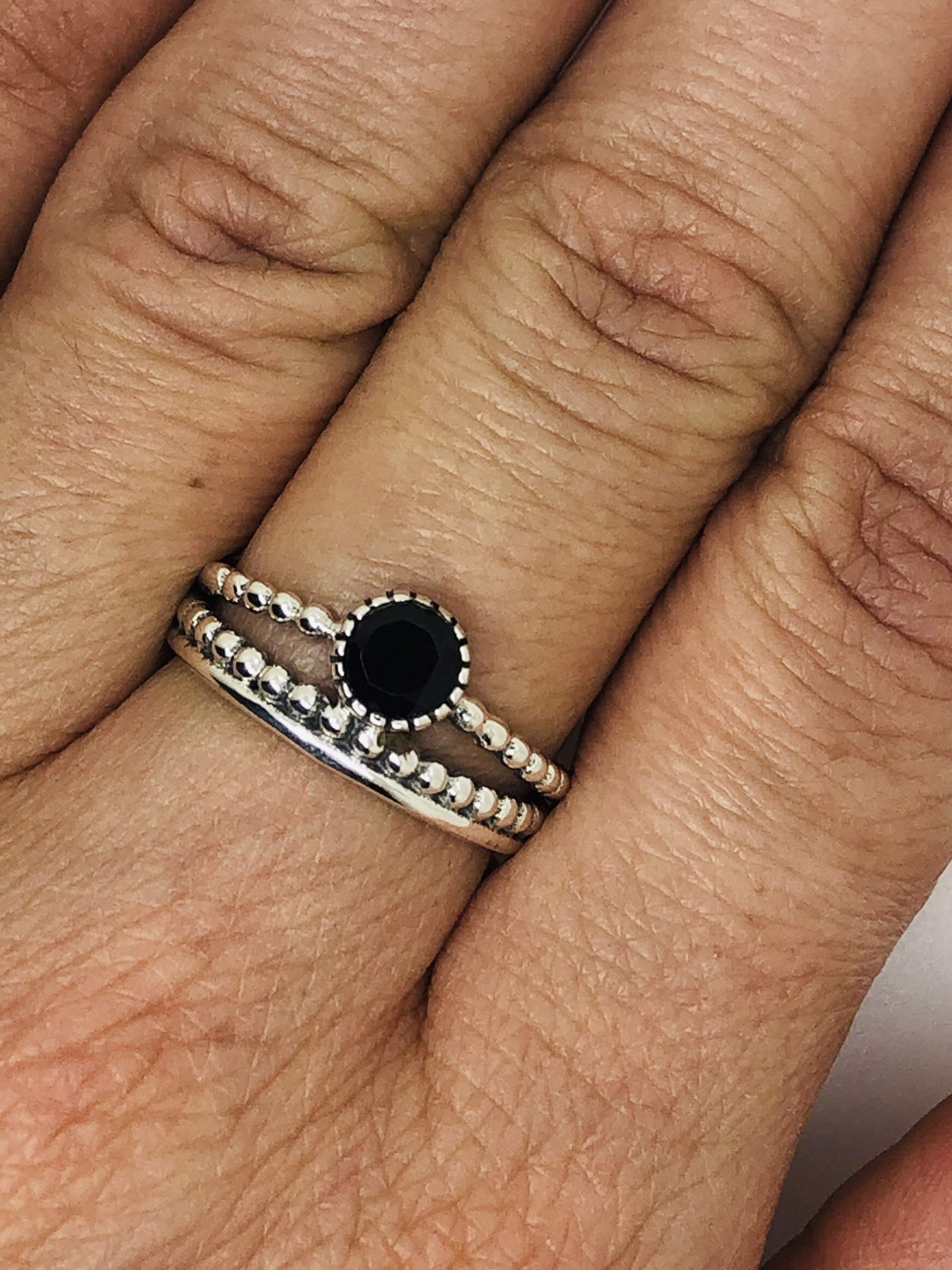 Cut Black Onyx double Ring 925 Sterling Silver Vintage Tribal Gipsy Boho Look US Size 5 6 7 8 9 (8)