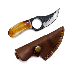 titan international knives skinning knife | small hunting knife fixed blade | burnt bone handle knife leather sheath | 3 inch blade outdoors camping gear