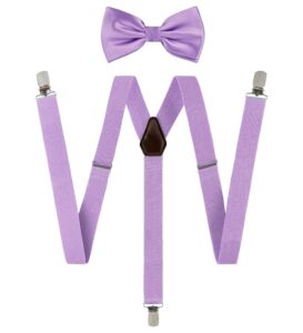 tie g solid color men's suspender + woven bow tie set for wedding : vivid color, adjustable brace, strong enhanced clip, elastic band (lavender)