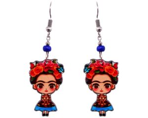 frida inspired cartoon doll mexican artist graphic dangle earrings - womens fashion handmade jewelry boho accessories (peach/orange/light-blue)