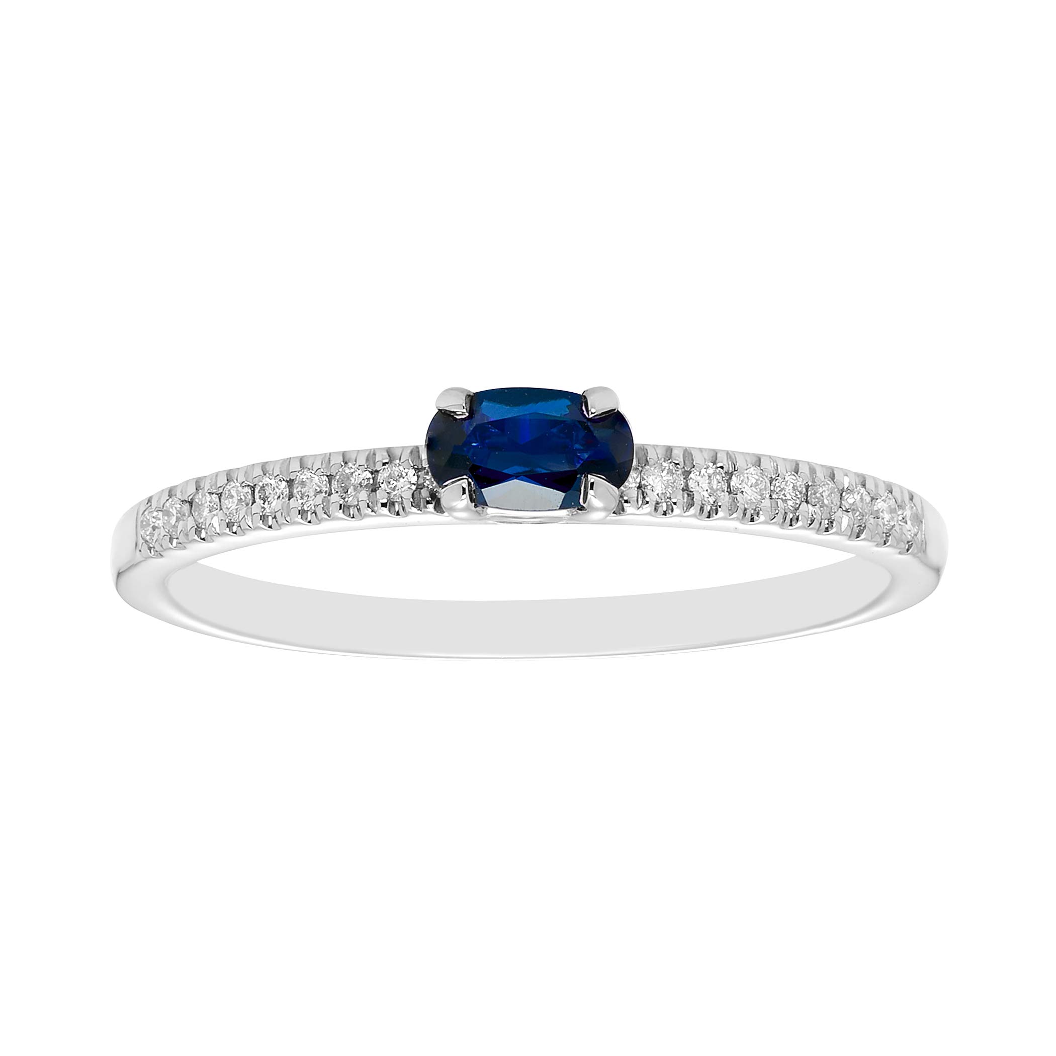 10K White Gold 1/4 Cttw Oval Lab Created Blue Sapphire & 1/10 Cttw Diamond Ring (I-J Color, I2-I3 Clarity) - Size 7