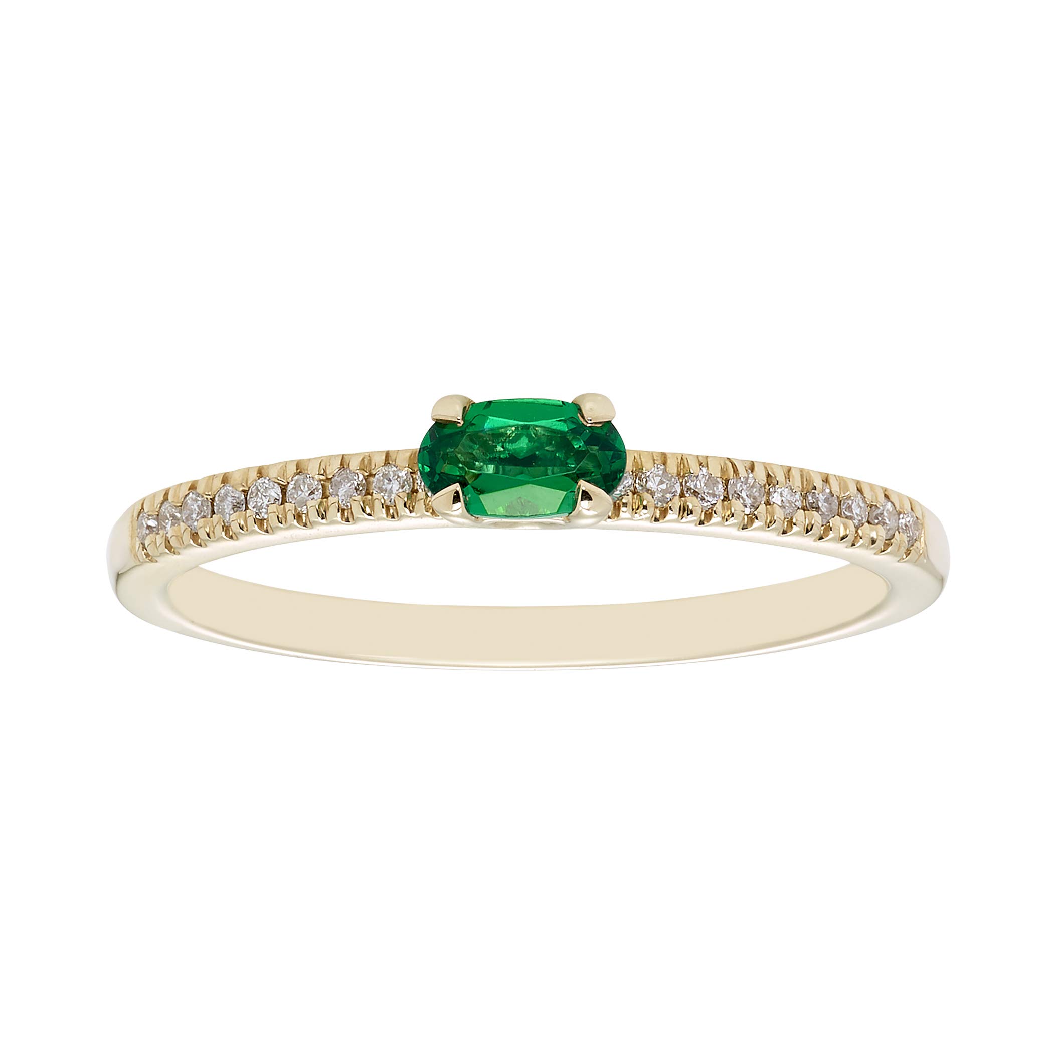 10K Yellow Gold 1/5 Cttw Oval Lab-Grown Emerald May Birthstone & 1/10 Cttw Genuine Diamond Ring (H-I Color, I1-I2 Clarity) - Size 5