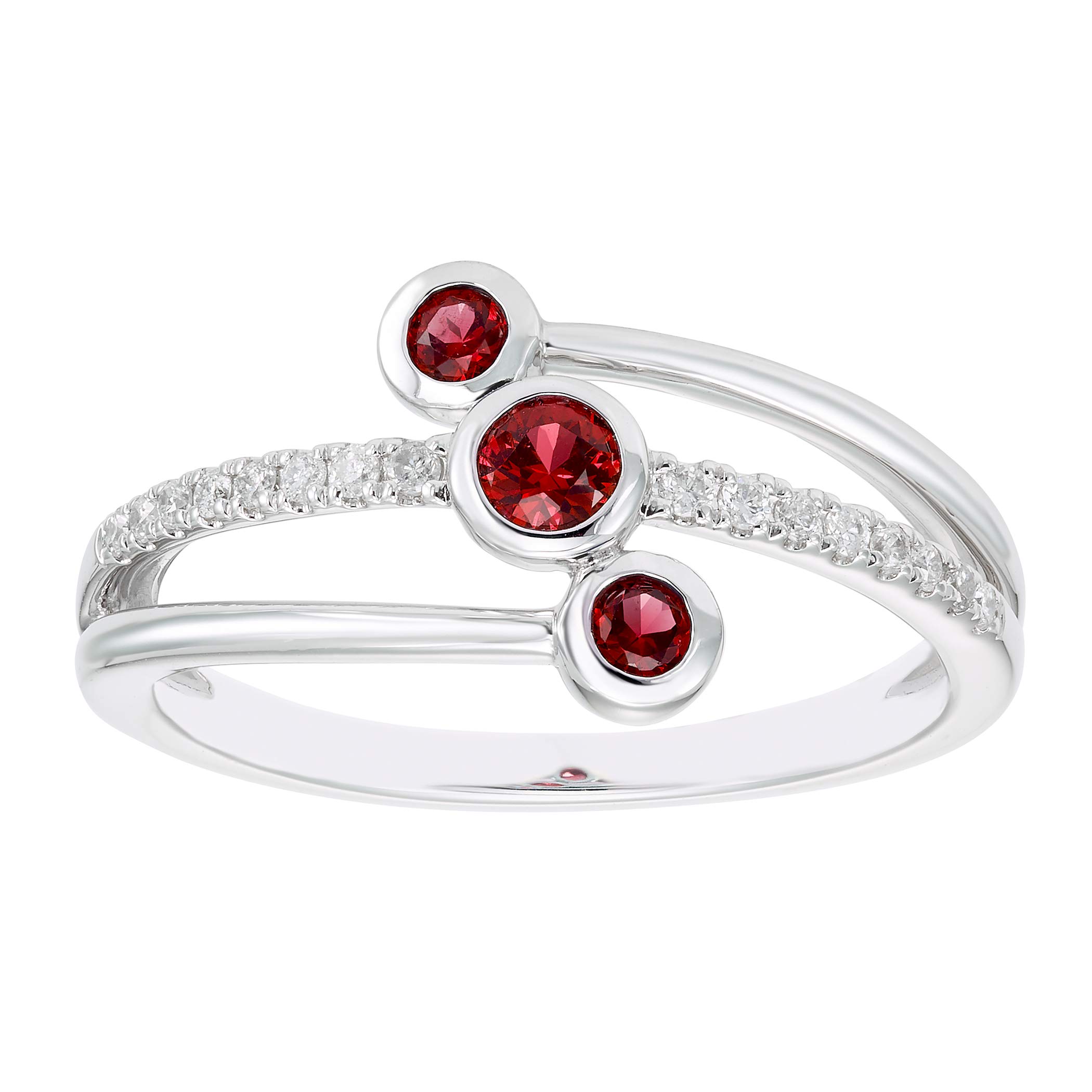 10K White Gold 1/5 CTTW Triple Lab Grown Ruby & 1/10 CTTW Genuine Diamond Art Deco Ring (H-I Color, I1-I2 Clarity) - Size 7