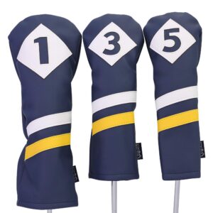 majek retro golf headcovers blue white and yellow vintage leather style 1 3 5 driver and fairway head covers fits 460cc drivers classic look