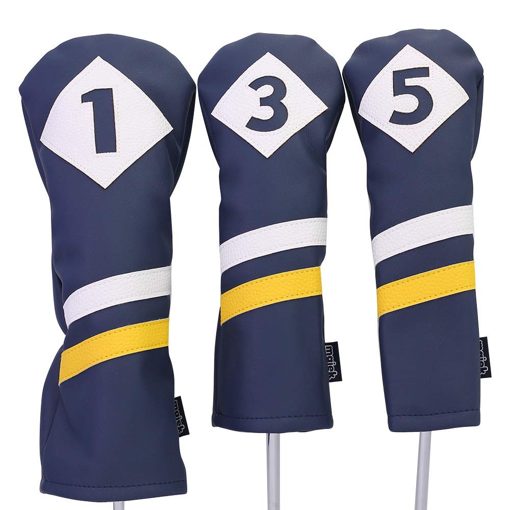 Majek Retro Golf Headcovers Blue White and Yellow Vintage Leather Style 1 3 5 Driver and Fairway Head Covers Fits 460cc Drivers Classic Look