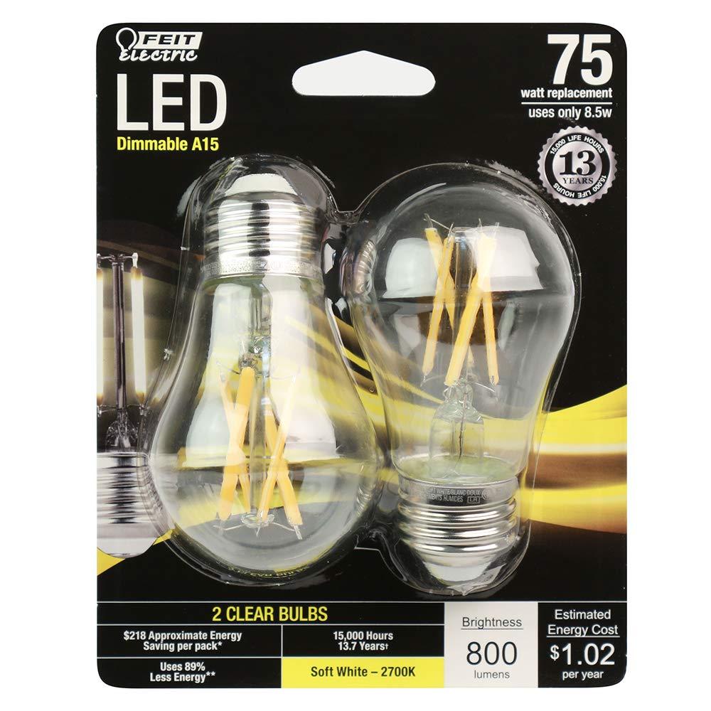 Feit Electric BPA1575/827/FIL/2 75 Watt Equivalent 800 Lumen Dimmable A15 LED Filament Light Bulb E26 Base, 3.2"H x 1.85"D, 2700K (Soft White), 2 Piece