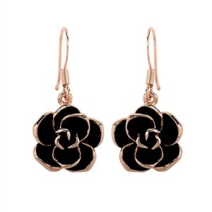 rose gold plated black rose flower dangle drop earrings fashion jewelry for women