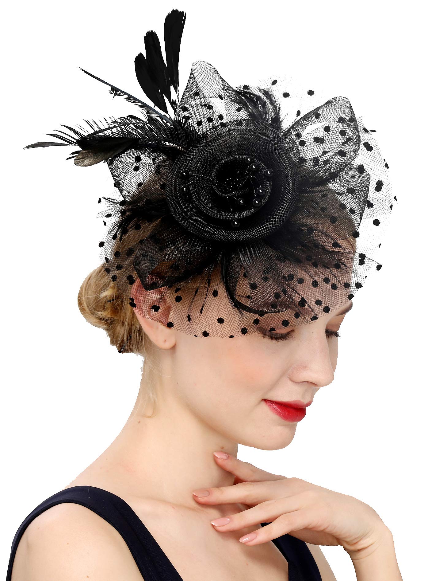 Cizoe Fascinators Hat for Women Tea Party Hat Kentucky Derby Wedding Flower Cocktail Mesh Feathers Headpiece(1-a-Black)