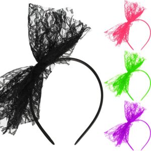 blulu 80's lace headband costume accessories for 80s theme party, no headache neon lace bow headband, set of 4 (fresh color)