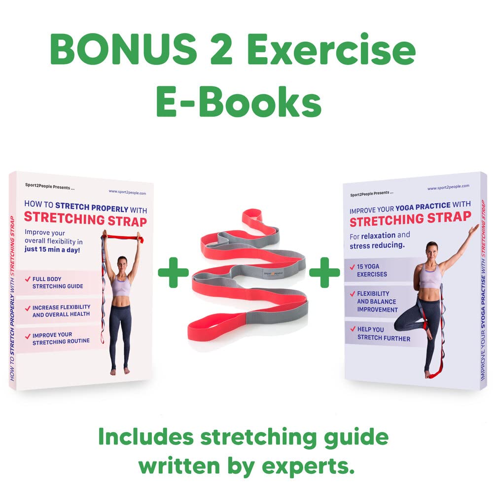 sport2people Stretching Strap for Yoga, Flexibility, Rehabilitation - 2 Free Exercise Ebooks - Get Flexible with 12-Loop Stretch Band for Rehab, Recommended by Physical Therapists and Trainers