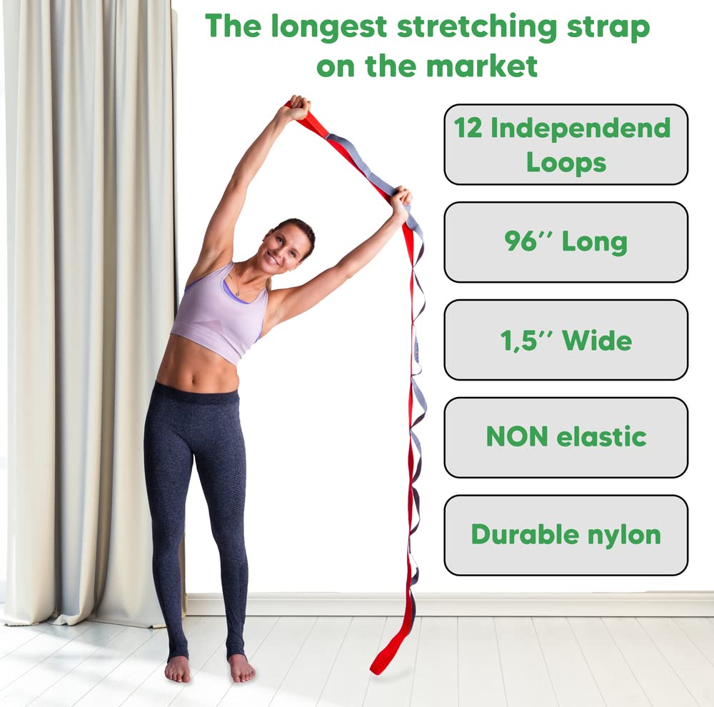 sport2people Stretching Strap for Yoga, Flexibility, Rehabilitation - 2 Free Exercise Ebooks - Get Flexible with 12-Loop Stretch Band for Rehab, Recommended by Physical Therapists and Trainers